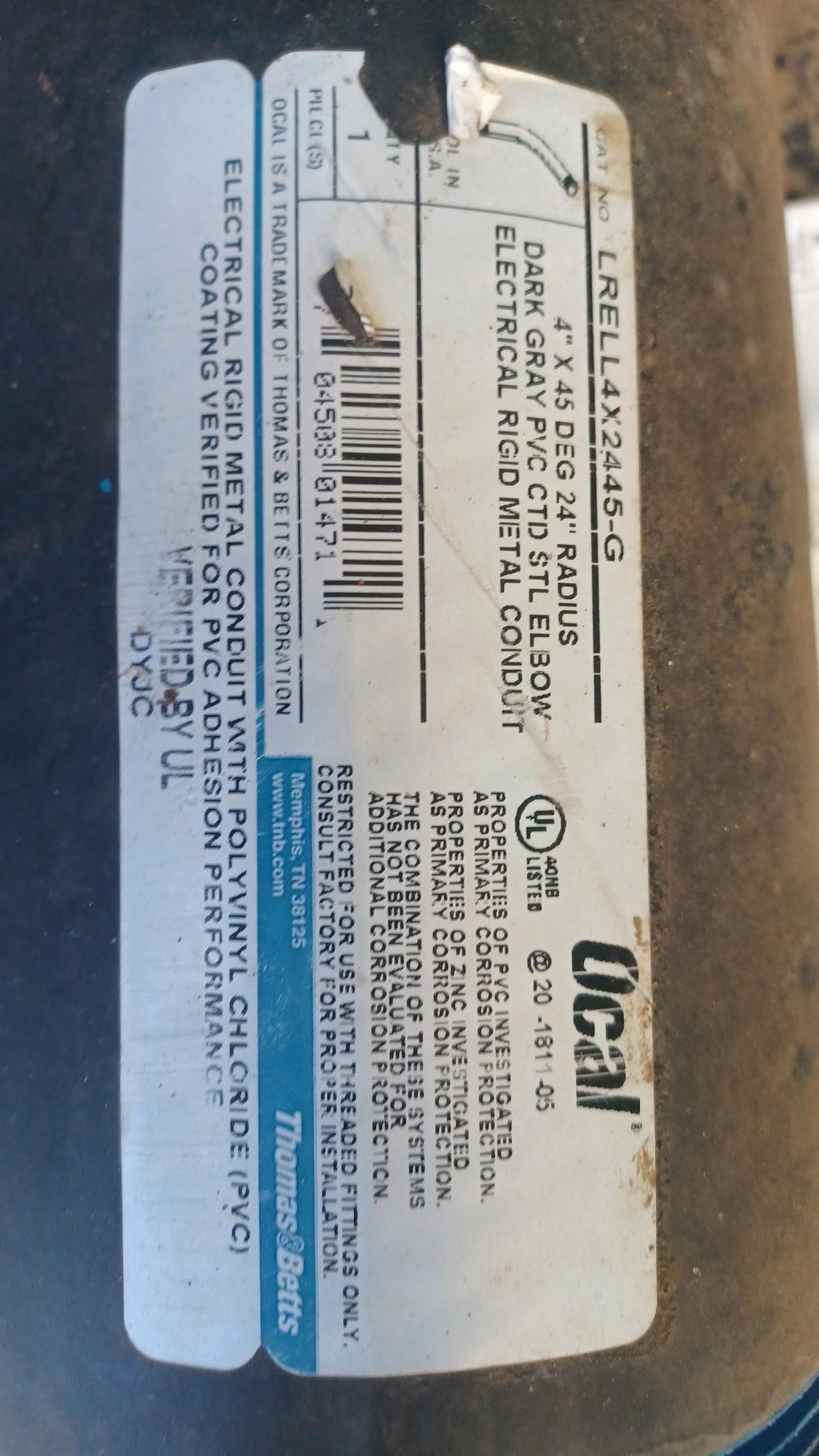 OCAL LRELL4X2445-G PVC COATED ELBOW 45D 4" R24" STEEL New Surplus ...